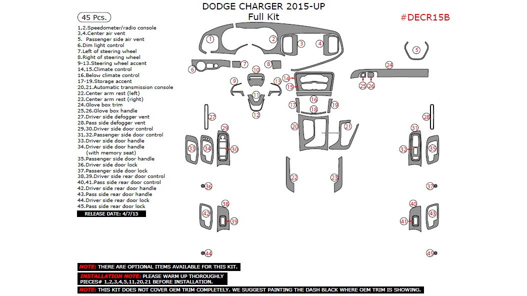 Dodge Charger 2015-2025, Full Interior Kit, 45 Pcs.