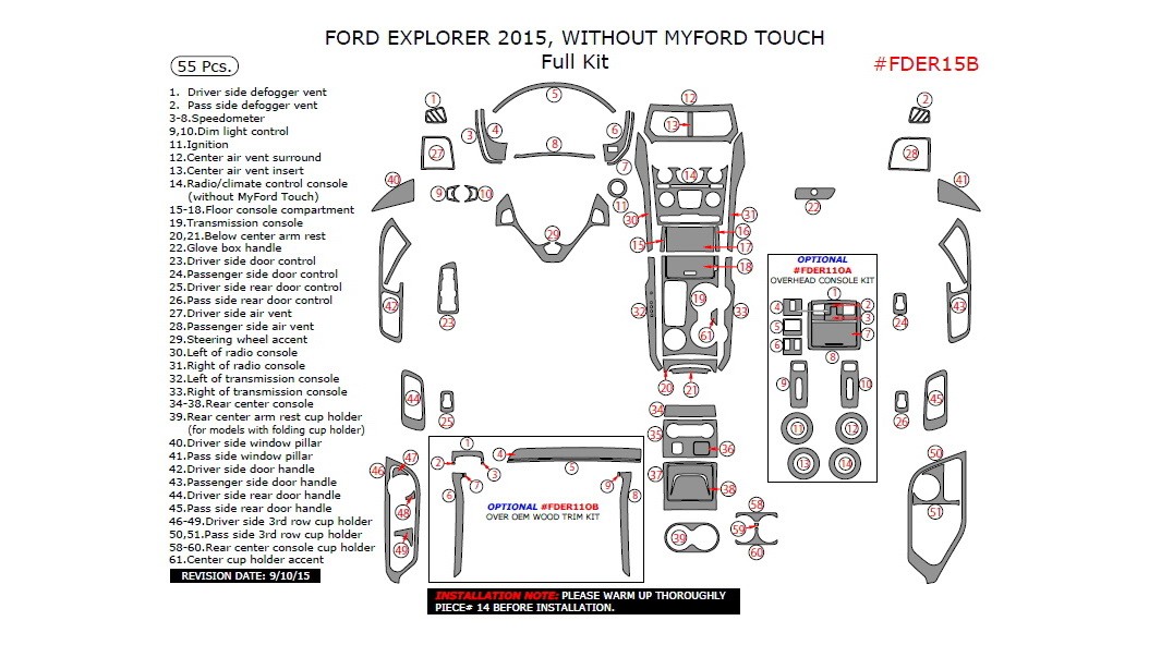 Ford Explorer 2015, Without MyFord Touch, Full Interior Kit, 55 Pcs.