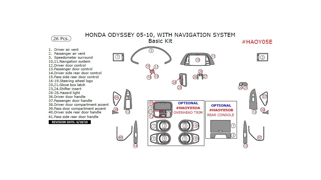 Honda Odyssey 2005-2010, With Navigation, Basic Interior Kit, 26 Pcs.