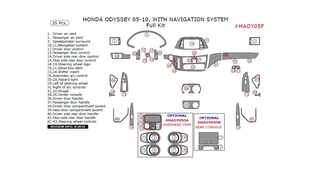 Honda Odyssey 2005-2010, With Navigation, Full Interior Kit, 35 Pcs.