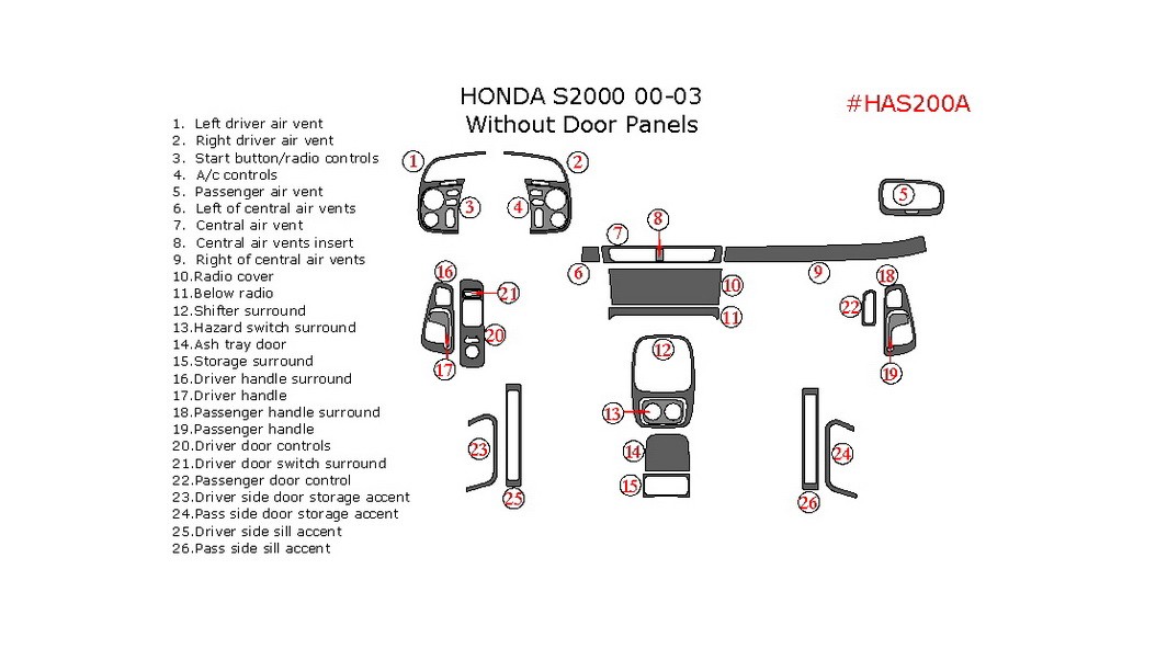 Honda S2000 2000-2003, Interior Dash Kit, Without Door Panels, 26 Pcs.