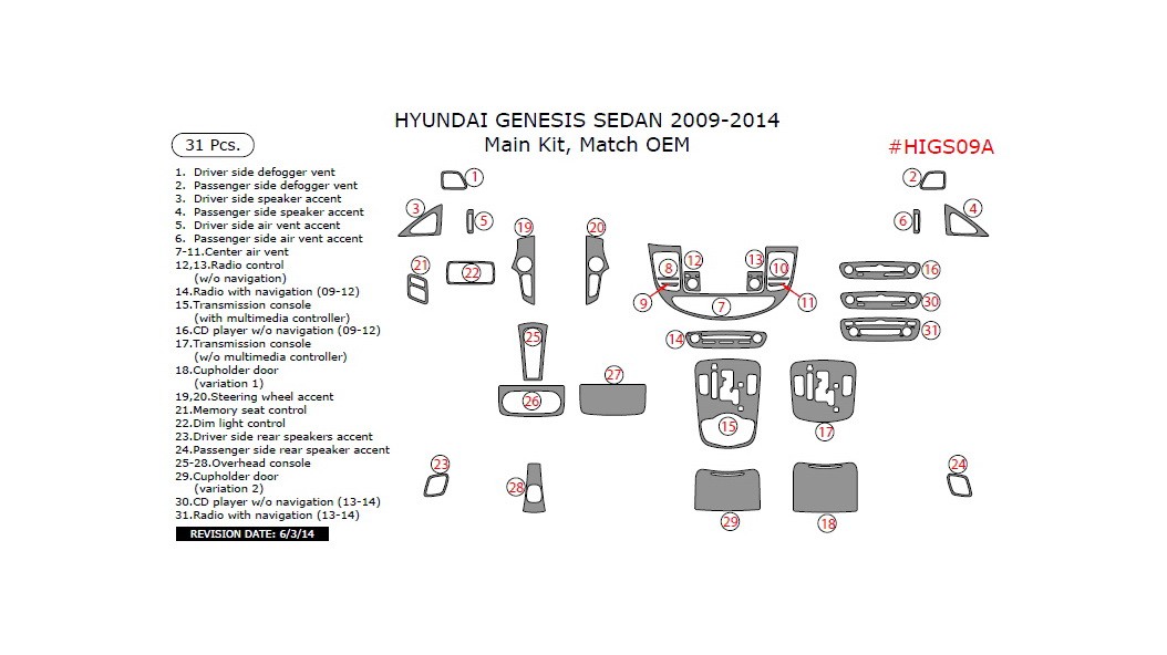 Hyundai Genesis 2009-2014, Sedan, Main Interior Kit, 31 Pcs., Match OEM