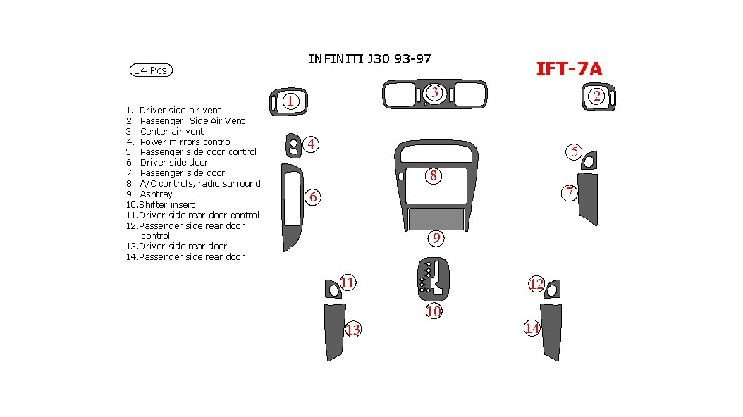 Infiniti J30 1993-1997, Full Interior Kit, 14 Pcs.