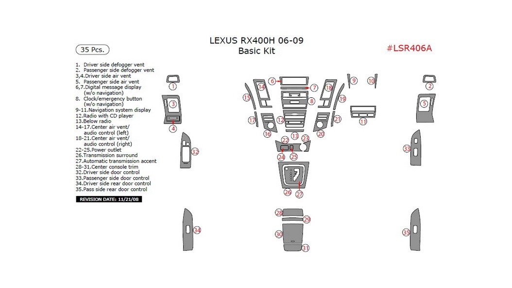 Lexus RX 2004-2009, Basic Interior Kit (Hybrid Only), 35 Pcs.