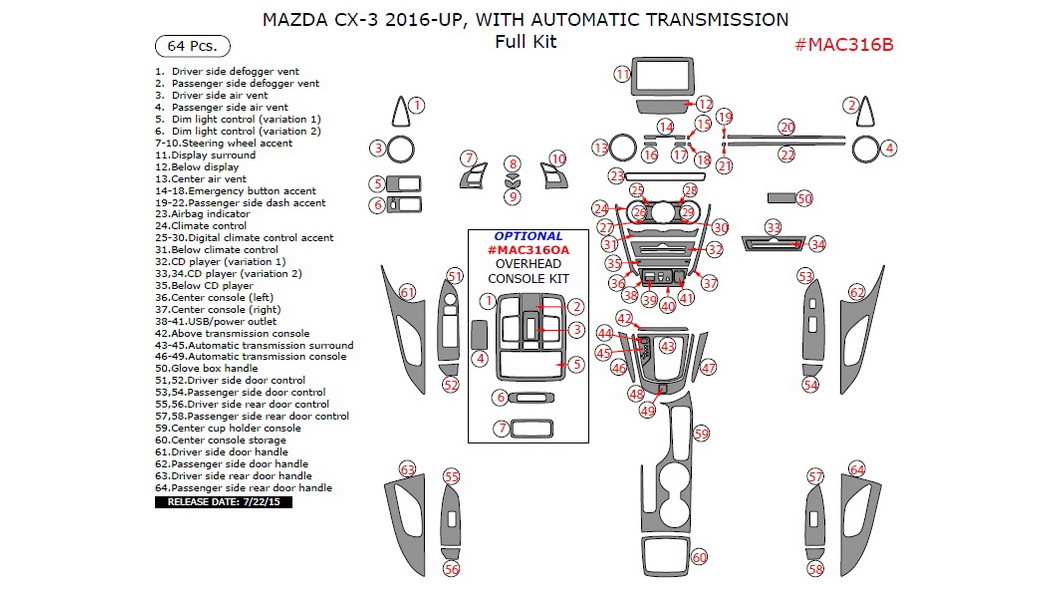 Mazda CX-3 2016-UP, With Automatic Transmission, Full Interior Kit, 64 Pcs.