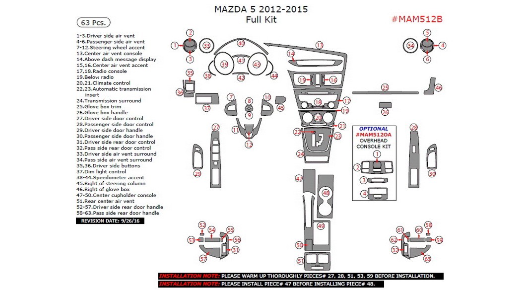 Mazda 5 2012-2015, Full Interior Kit, 63 Pcs.
