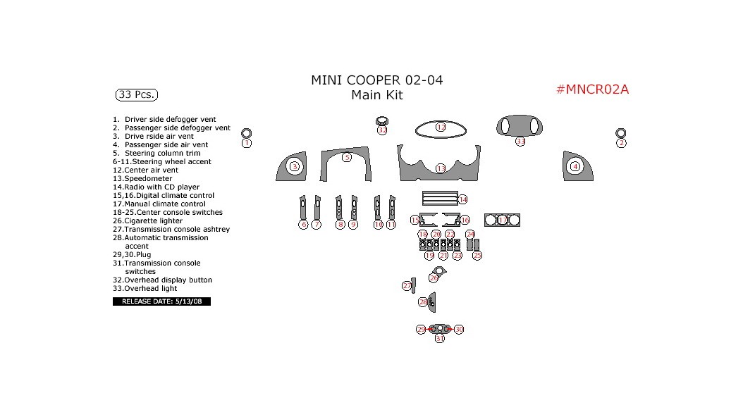 Mini Cooper 2002-2004, Main Interior Dash Kit, 33 Pcs.