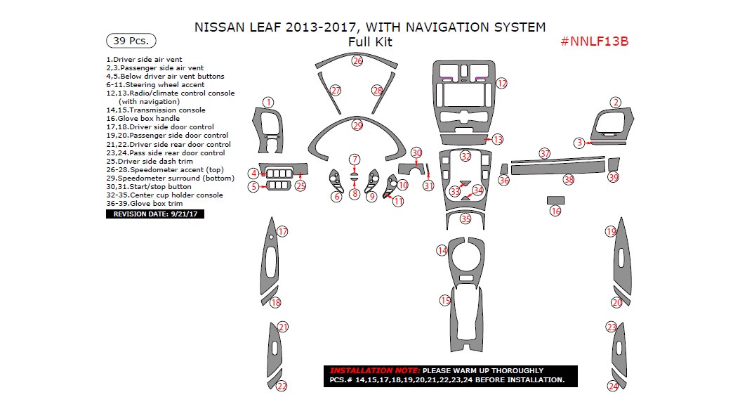 Nissan Leaf 2013-2017, With Navigation System, Full Interior Kit, 39 Pcs.