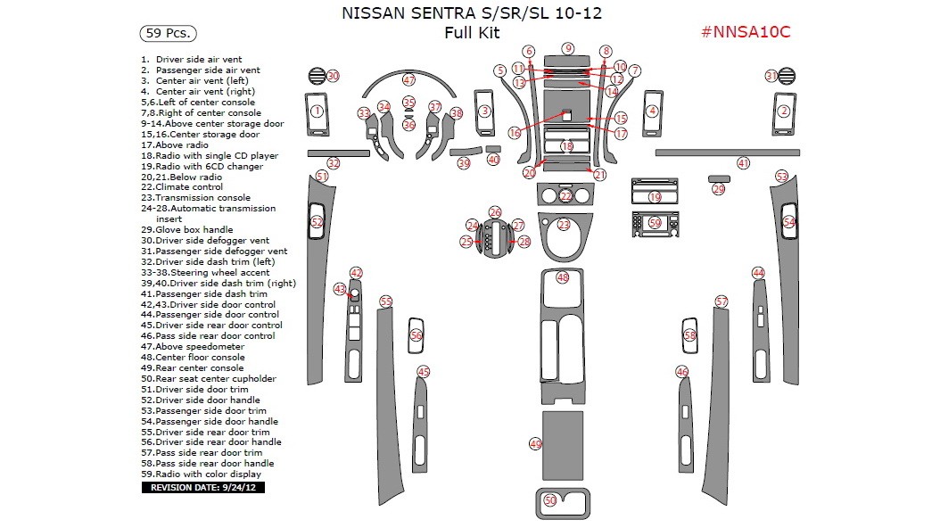 Nissan Sentra 2010-2012, Full Interior Kit (S/SR/SL Only), 59 Pcs.