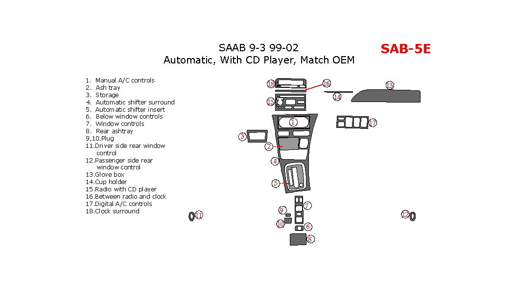 Saab 9-3 1999-2002, Interior Dash Kit, Automatic, With CD Player, OEM ...