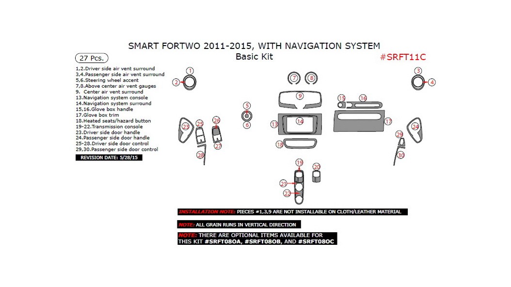 Smart ForTwo 2011-2015, With Navigation System, Basic Interior Dash Kit ...