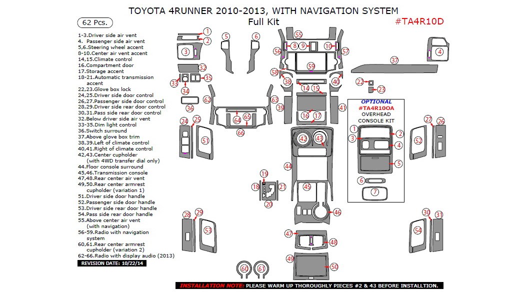 Toyota 4Runner 2010-2013, With Navigation System, Full Interior Kit, 62 ...