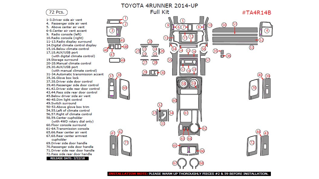 Toyota 4Runner 2014-2025, Full Kit, 72 Pcs.