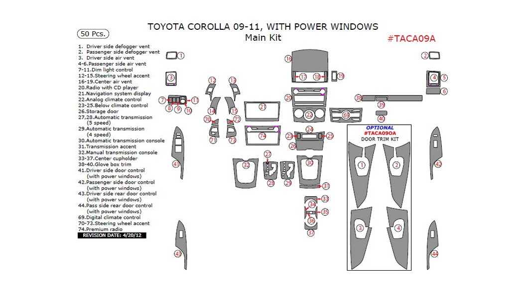 Toyota Corolla 2009-2011, With Power Windows, Main Interior Kit, 50 Pcs.