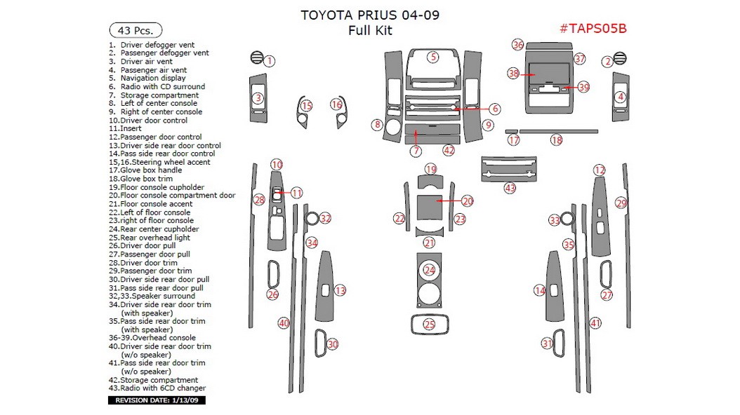Toyota Prius 2004-2009, Full Interior Kit, 43 Pcs.