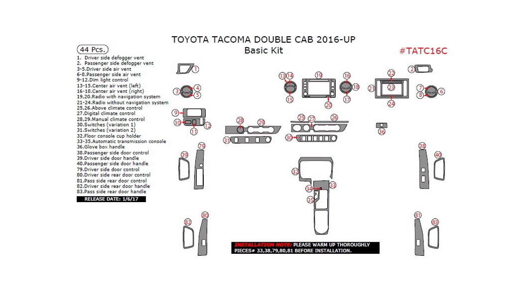 Toyota Tacoma Double Cab 2016-2023, Basic Interior Kit, 44 Pcs.