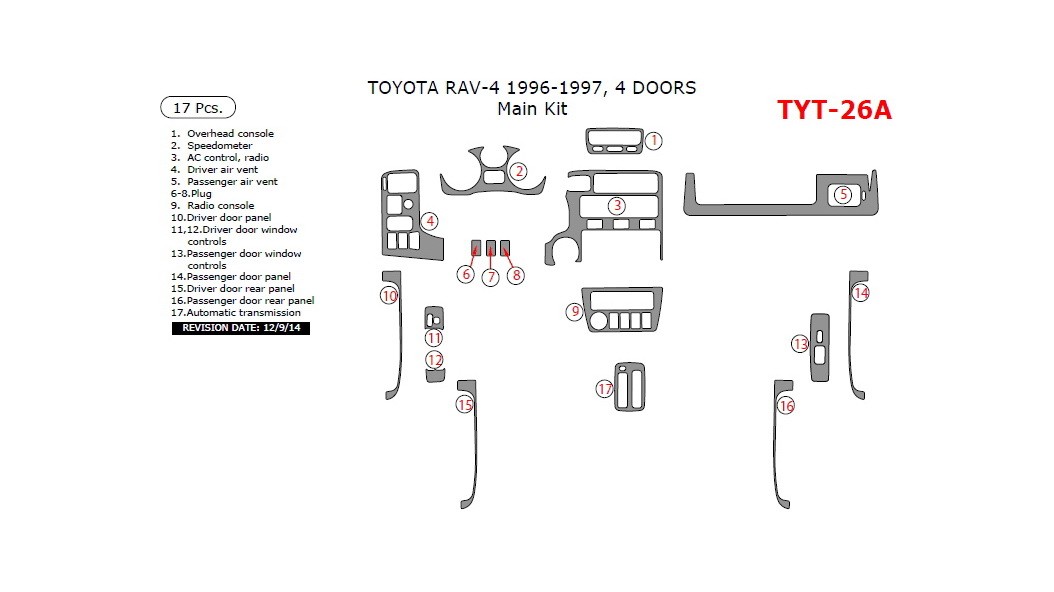 Toyota Rav4 1996-1997, 4 Door, Main Interior Kit, 17 Pcs.