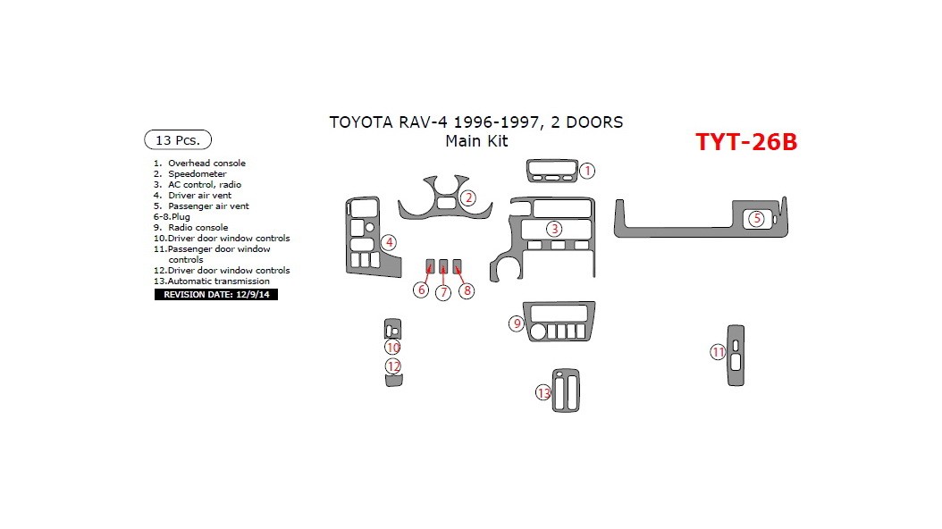 Toyota Rav4 1996-1997, 2 Door, Main Interior Kit, 17 Pcs.