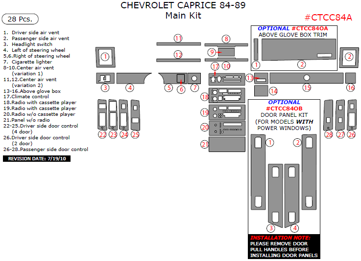 Chevrolet Caprice 1984-1989, Main Interior Kit, 28 Pcs.
