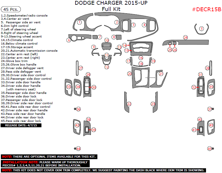 Dodge Charger 2015-UP, Full Interior Kit, 45 Pcs.