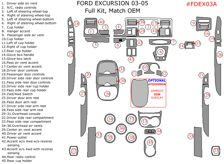 Ford Excursion 2000-2005, Full Interior Kit, 45 Pcs., Match OEM