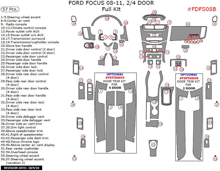 Ford Focus 2008-2011, 2/4 Door, Full Interior Kit, 57 Pcs.