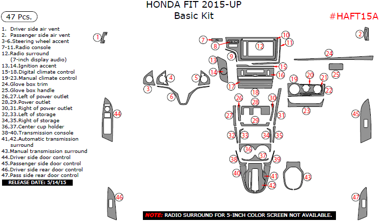 Honda Fit 2015-UP, Basic Interior Kit, 47 Pcs.