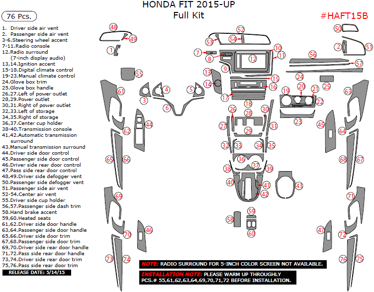 Honda Fit 2015-2020, Full Interior Kit, 76 Pcs.