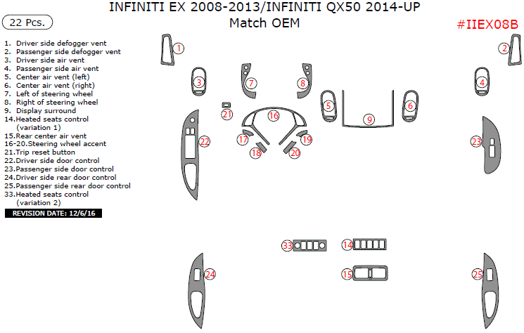 Infinii EX 2008-2013/Infiniti QX50 2014-up, Match OEM Interior Kit, 22 Pcs.