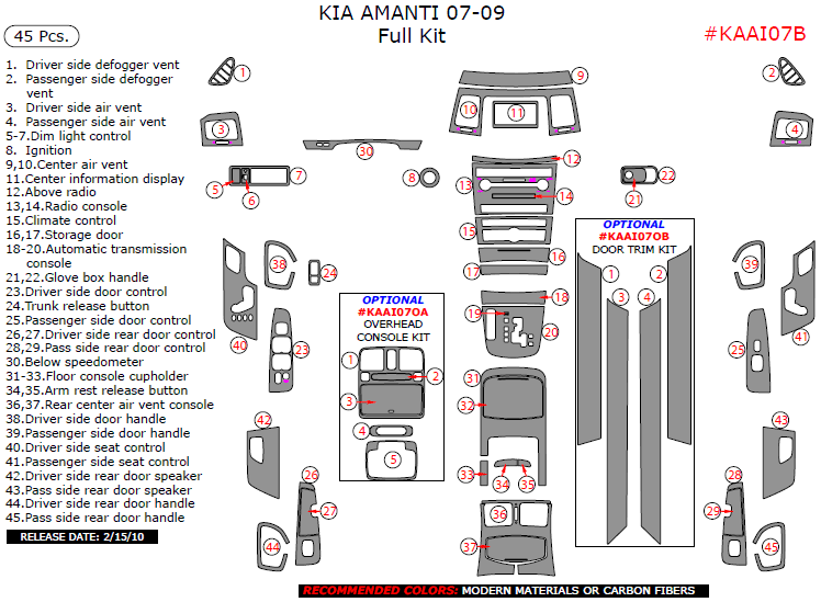Kia Amanti 2007-2009, Full Interior Kit, 45 Pcs.