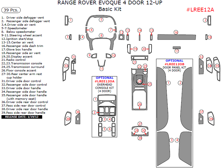 Land Rover Range Rover Evoque 2012-UP, Basic Interior Kit (4 Door), 39 Pcs.