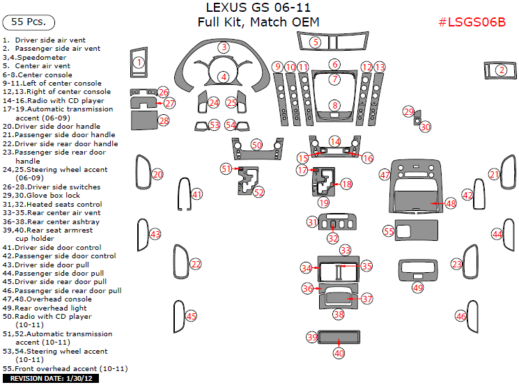 Lexus GS 2006-2011, Full Interior Kit, 55 Pcs., Match OEM