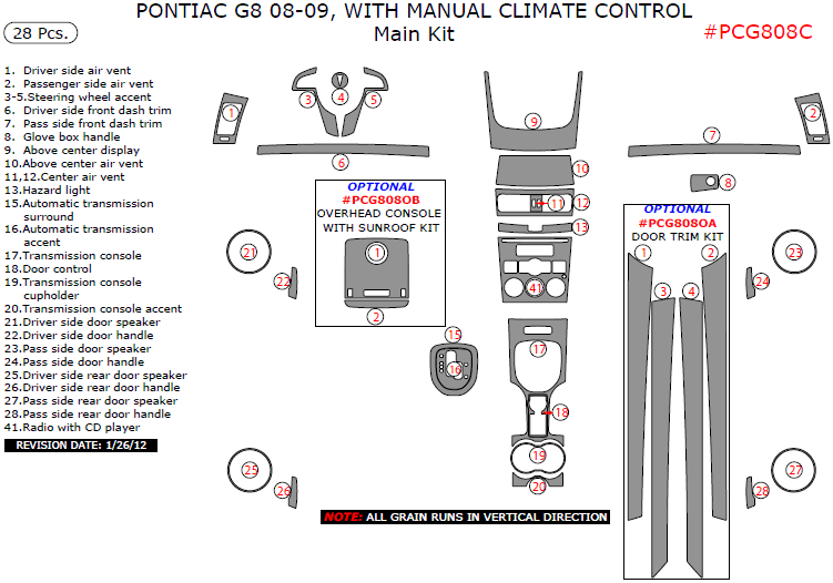 Pontiac G8 2008-2009, With Manual Climate Control, Main Interior Kit ...