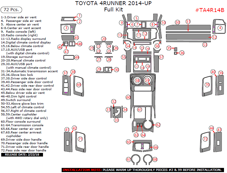 Toyota 4Runner 2014-2025, Full Kit, 72 Pcs.