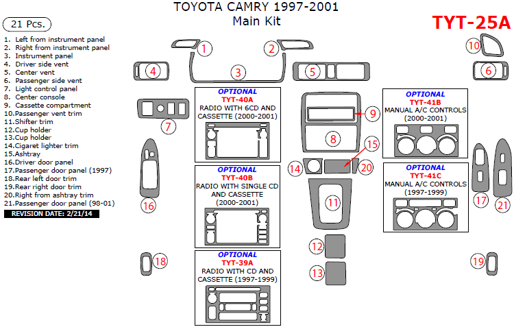 Toyota Camry 1997-2001, Main Interior Kit, 21 Pcs.