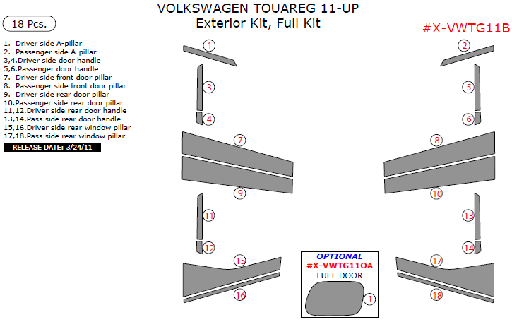 Volkswagen Touareg 2011-UP, Exterior Kit, Full Interior Kit, 18 Pcs.